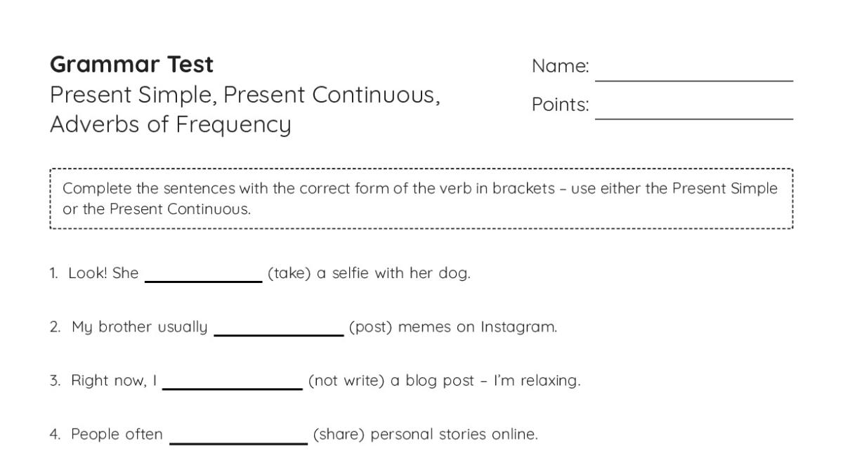 Grammar Test Present Simple, Present Continuous, Adverbs of Frequency ...