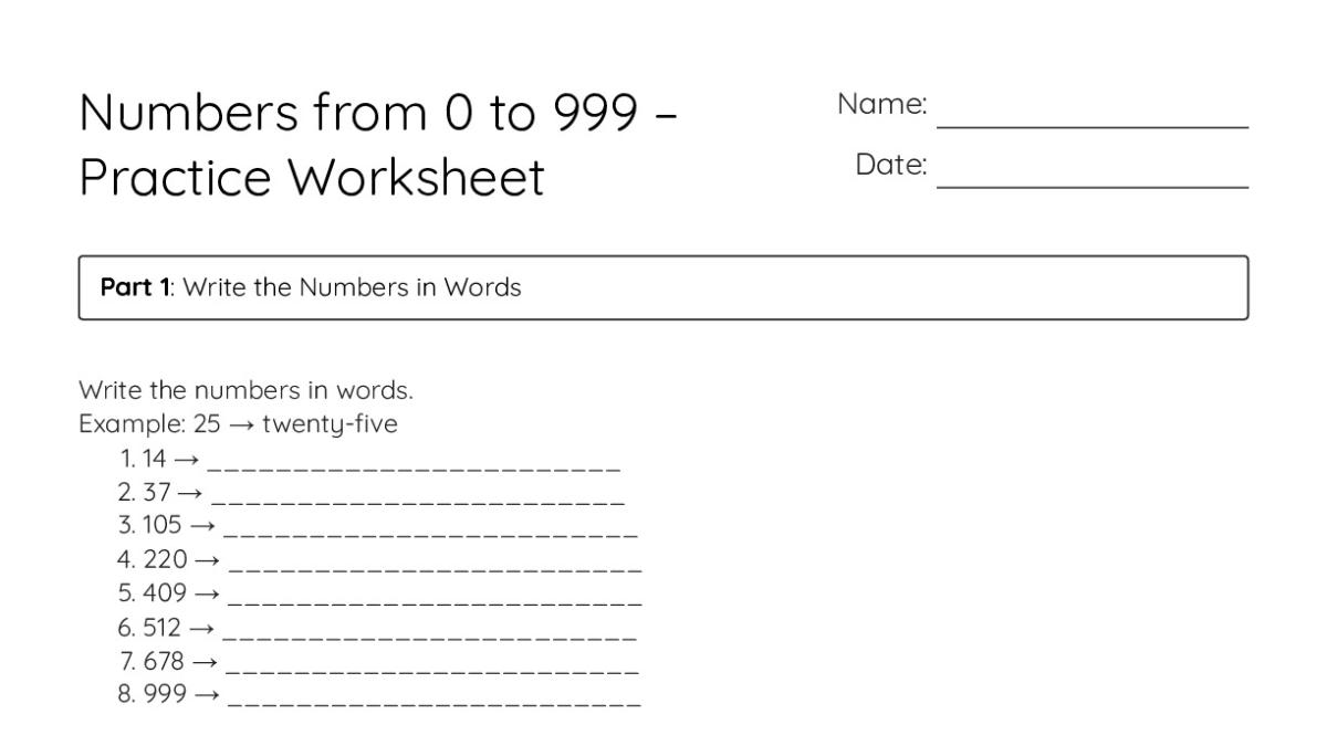 Numbers from 0 to 999 – Practice Worksheet - My Worksheet Maker: Create ...