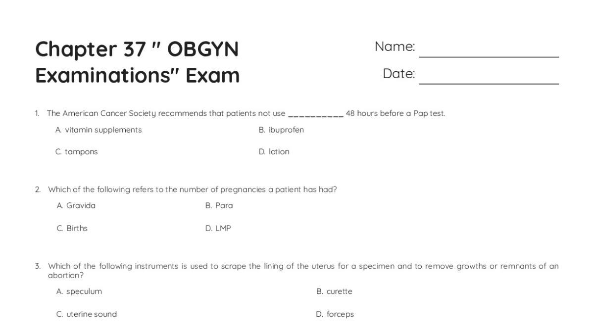 Chapter 37 " OBGYN Examinations" Exam﻿﻿ - My Worksheet Maker: Create ...