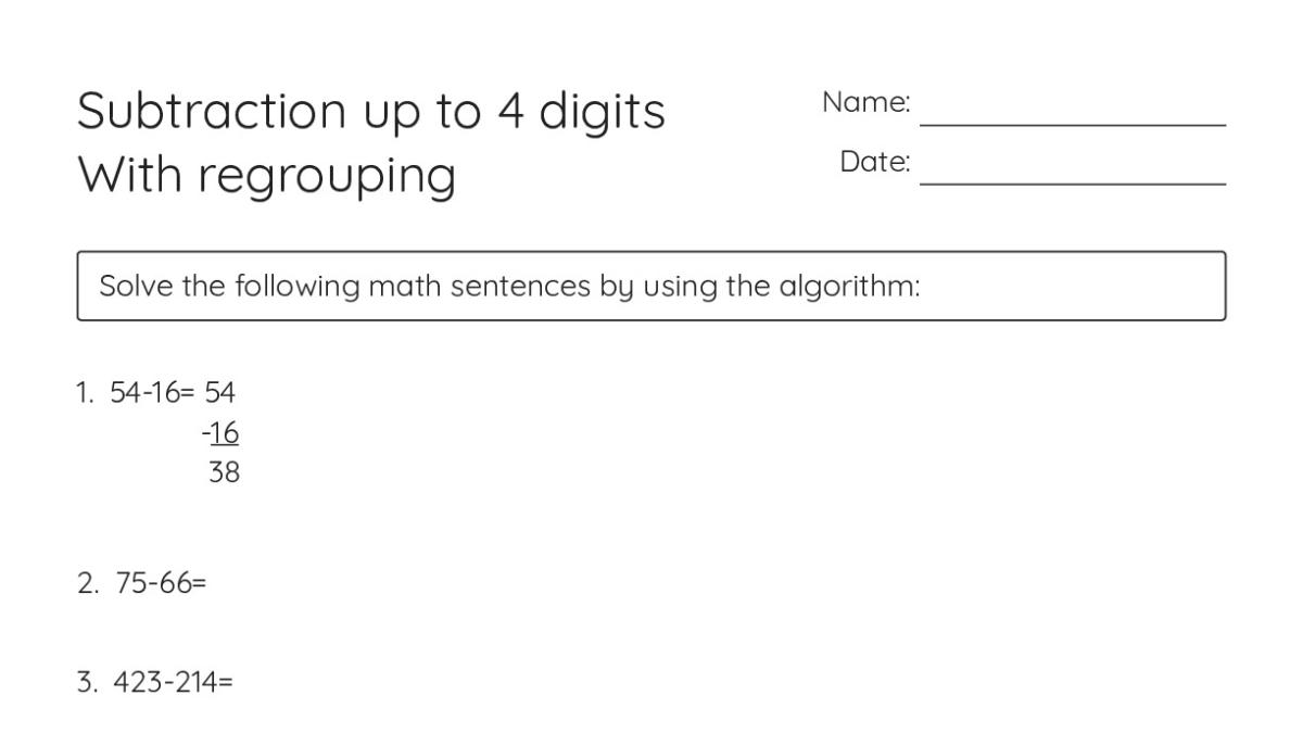Subtraction up to 4 digits With regrouping - My Worksheet Maker: Create ...