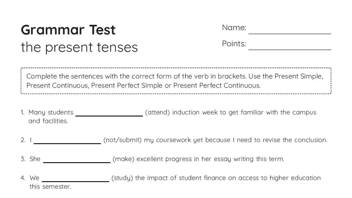 Grammar Test the present tenses - My Worksheet Maker: Create Your Own ...