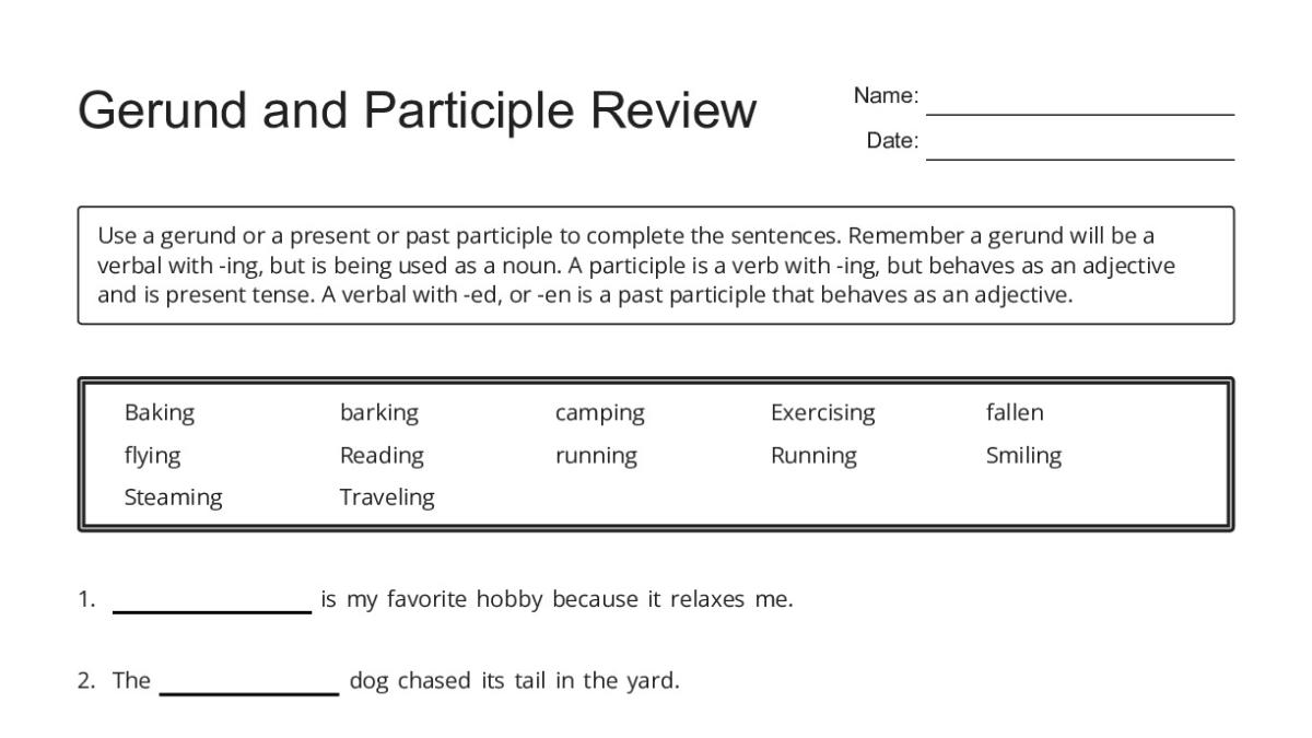 Gerund and Participle Review - My Worksheet Maker: Create Your Own ...