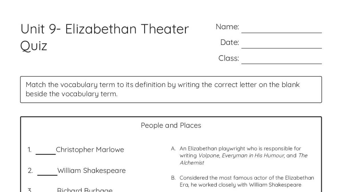 Unit 9- Elizabethan Theater Quiz - My Worksheet Maker: Create Your Own ...