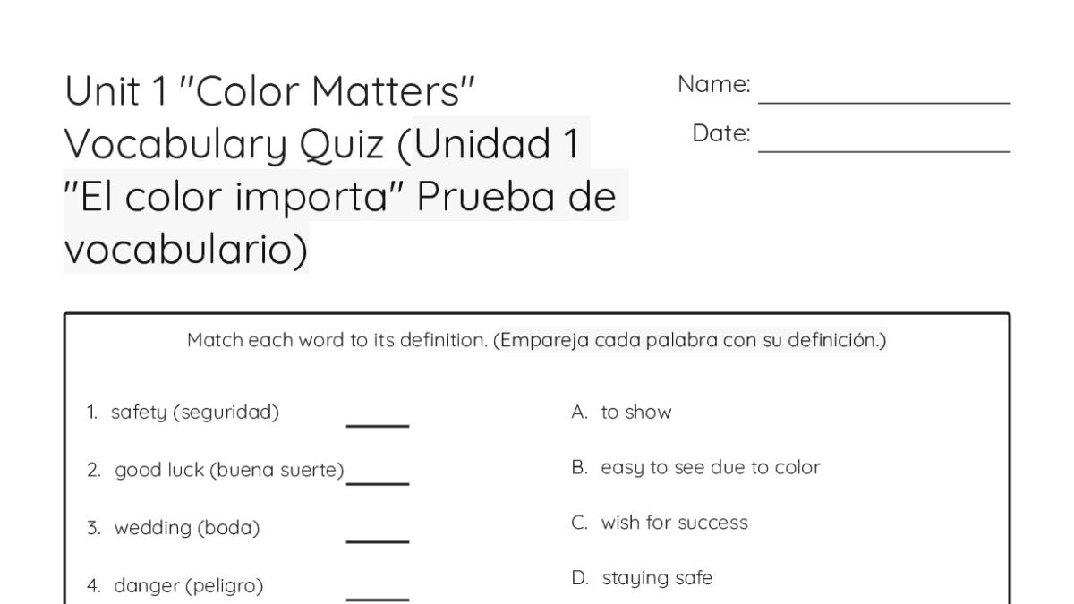 Unit 1 "Color Matters" Vocabulary Quiz (Unidad 1 "El color importa ...