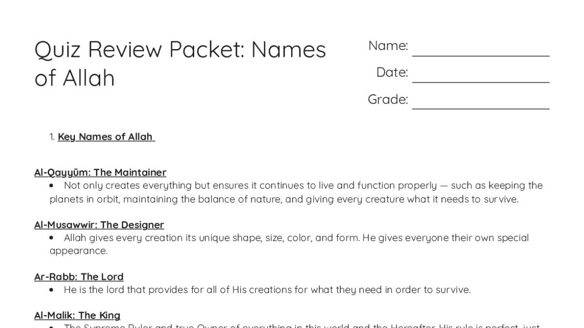 Quiz Review Packet: Names of Allah - My Worksheet Maker: Create Your ...