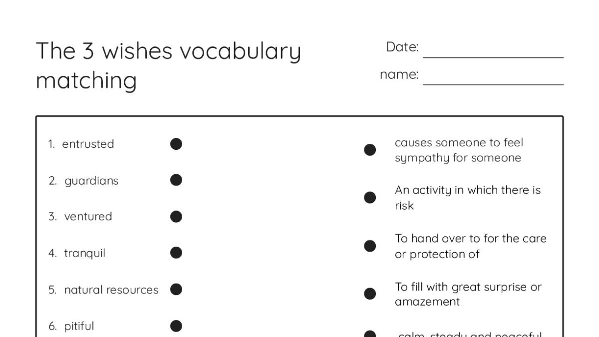The 3 wishes vocabulary matching - My Worksheet Maker: Create Your Own ...