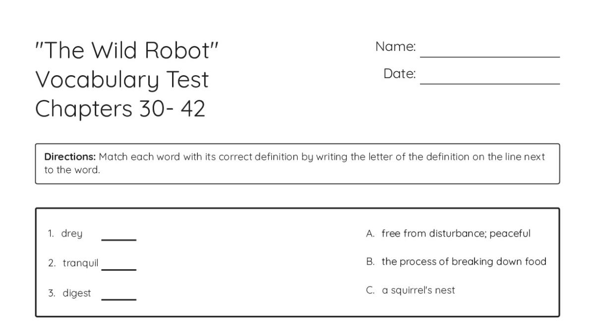 "The Wild Robot" Vocabulary Test Chapters 30- 42 - My Worksheet Maker ...