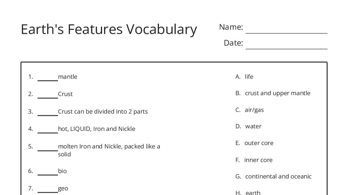 Earth's Features Vocabulary - My Worksheet Maker: Create Your Own ...