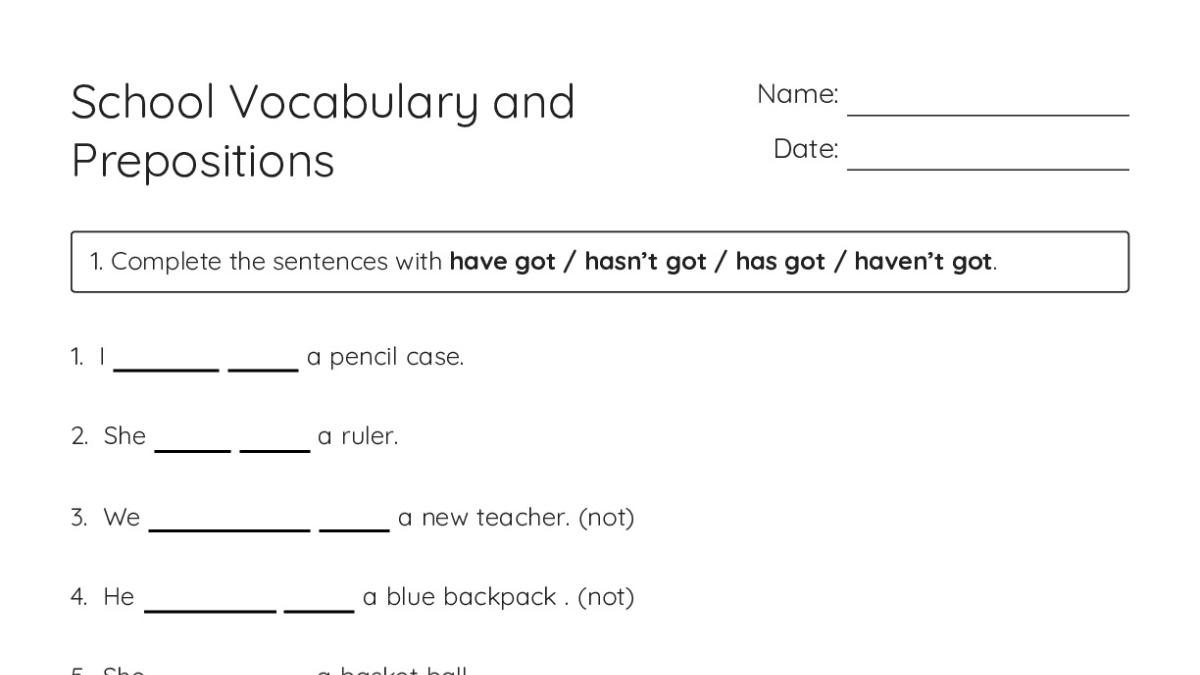 School Vocabulary and Prepositions - My Worksheet Maker: Create Your ...