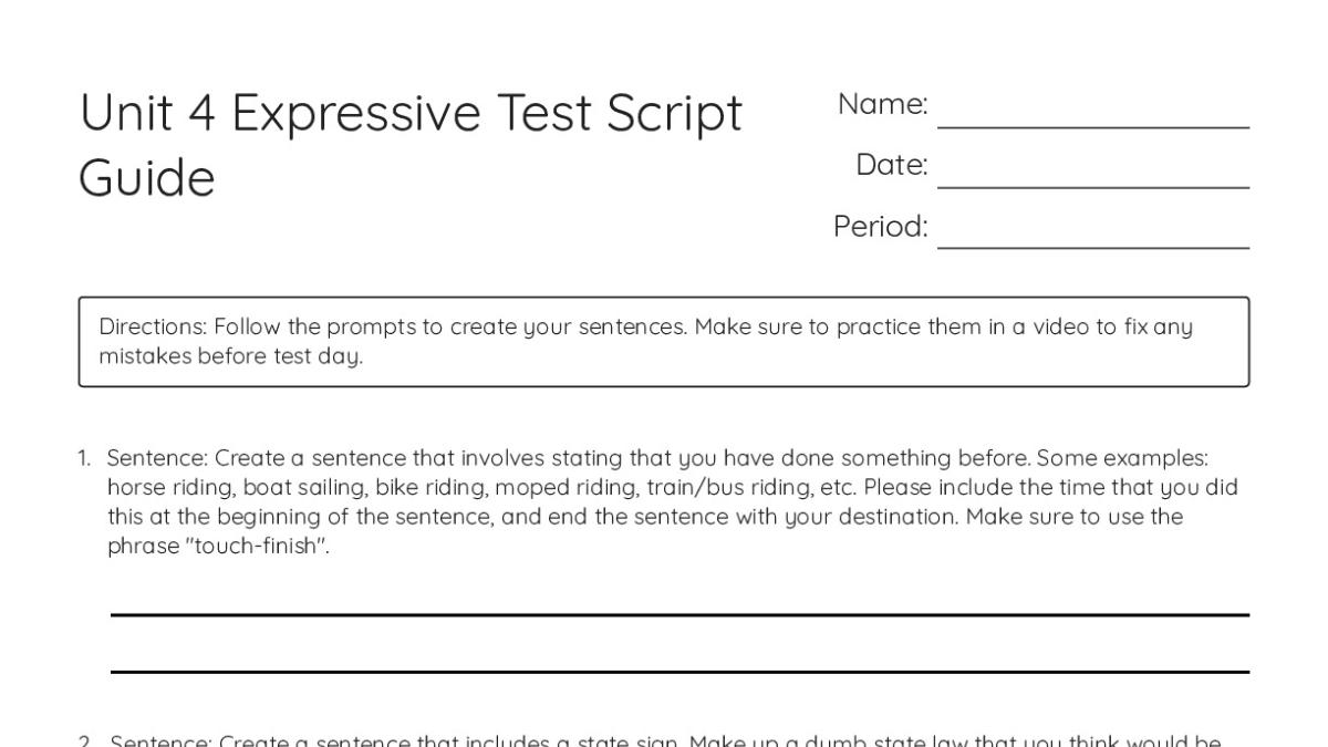 Unit 4 Expressive Test Script Guide - My Worksheet Maker: Create Your ...