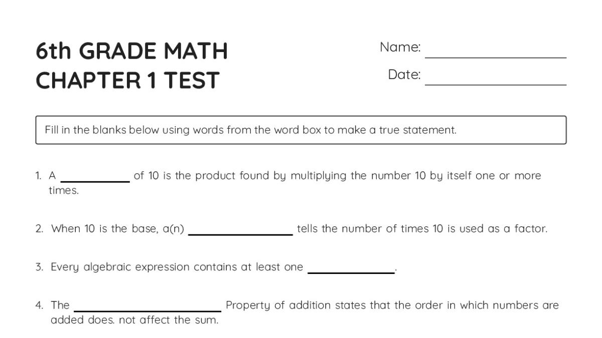 6th GRADE MATH CHAPTER 1 TEST - My Worksheet Maker: Create Your Own ...