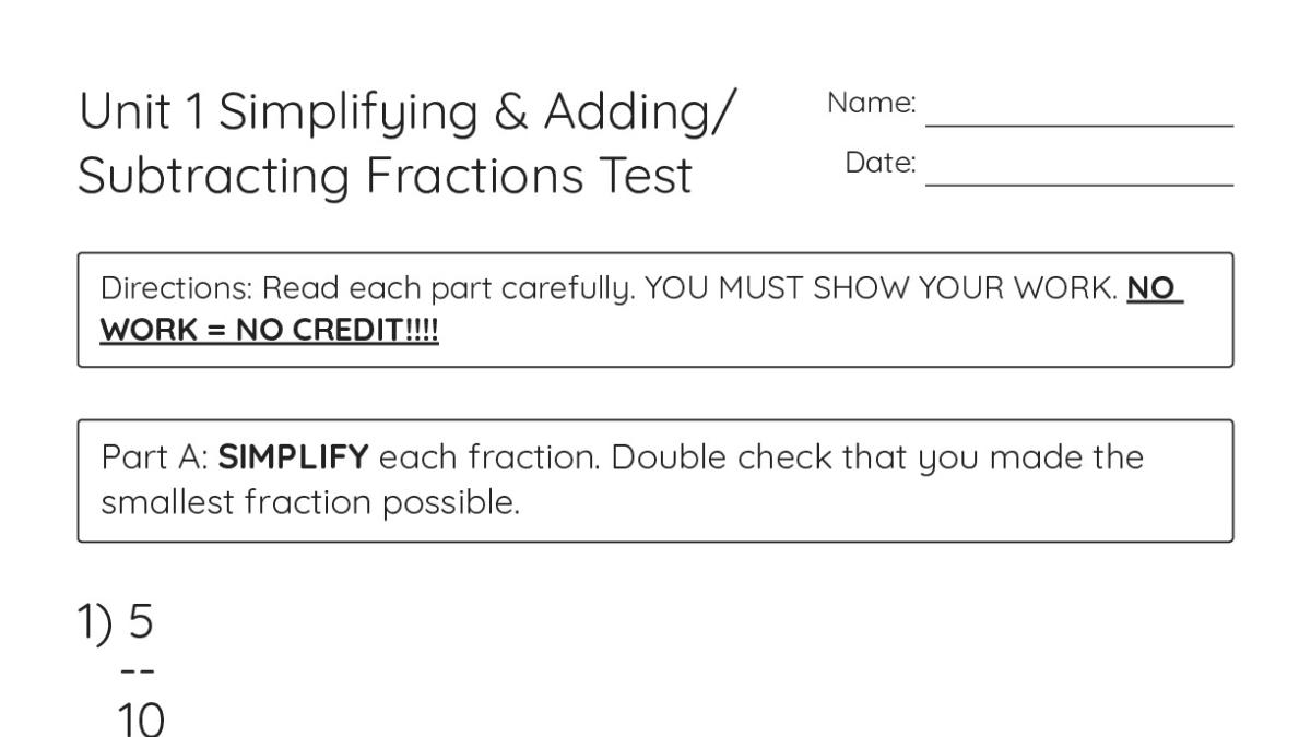 Unit 1 Simplifying & Adding/ Subtracting Fractions Test - My Worksheet ...