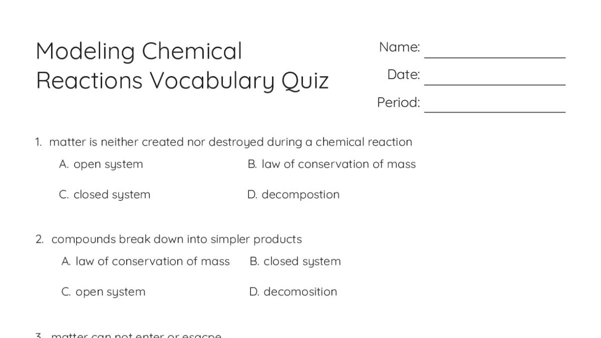 Modeling Chemical Reactions Vocabulary Quiz - My Worksheet Maker ...