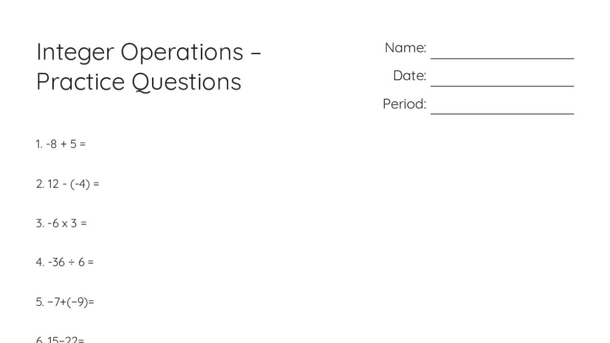 Integer Operations – Practice Questions - My Worksheet Maker: Create ...