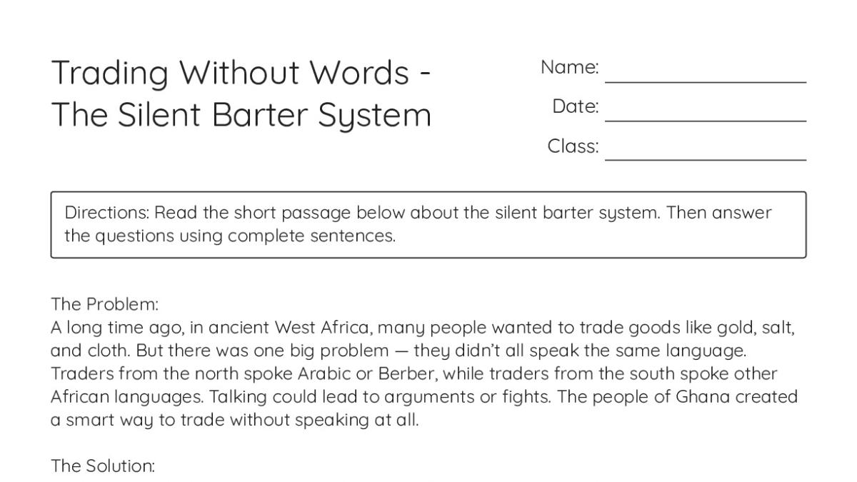 Trading Without Words - The Silent Barter System - My Worksheet Maker ...