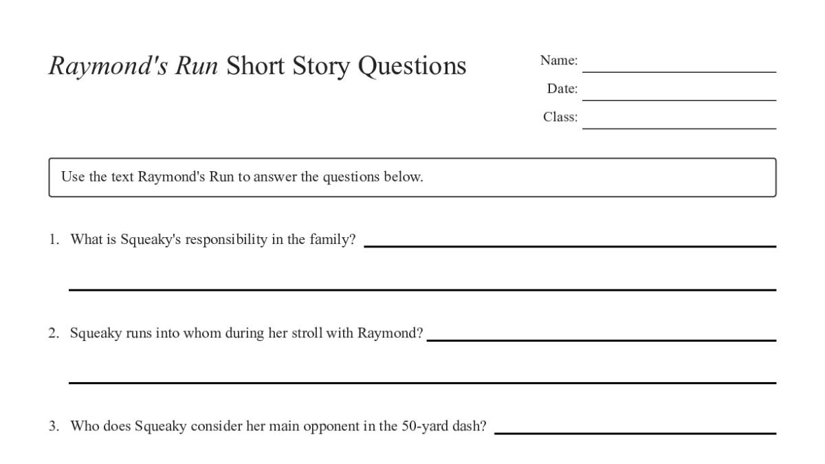 Raymond's Run Short Story Questions - My Worksheet Maker: Create Your ...