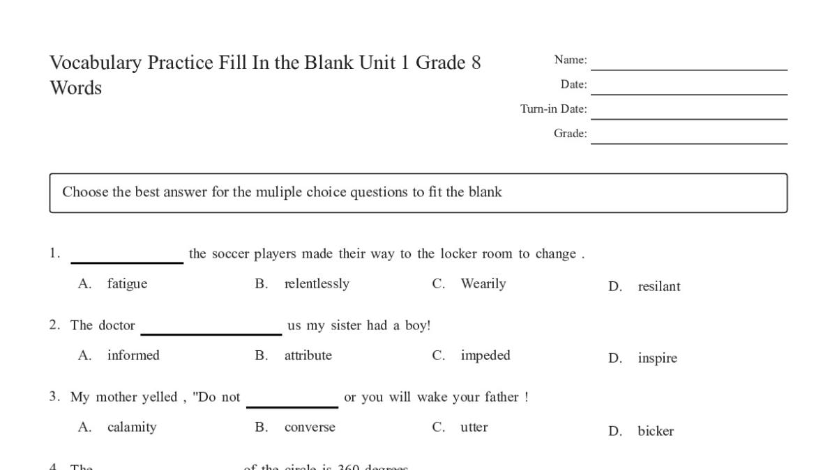 Vocabulary Practice Fill In the Blank Unit 1 Grade 8 Words - My ...