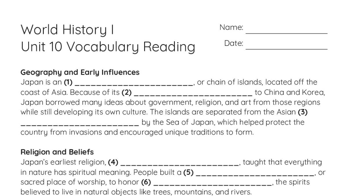 World History I Unit 10 Vocabulary Reading - My Worksheet Maker: Create ...