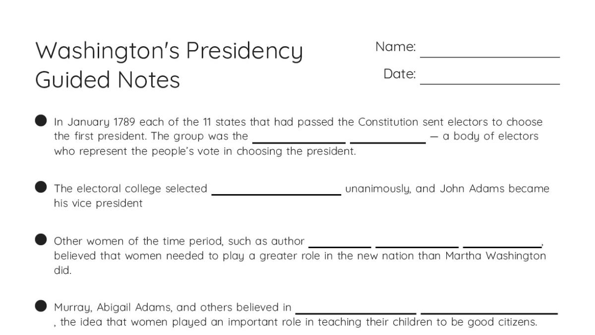 Washington's Presidency Guided Notes - My Worksheet Maker: Create Your ...