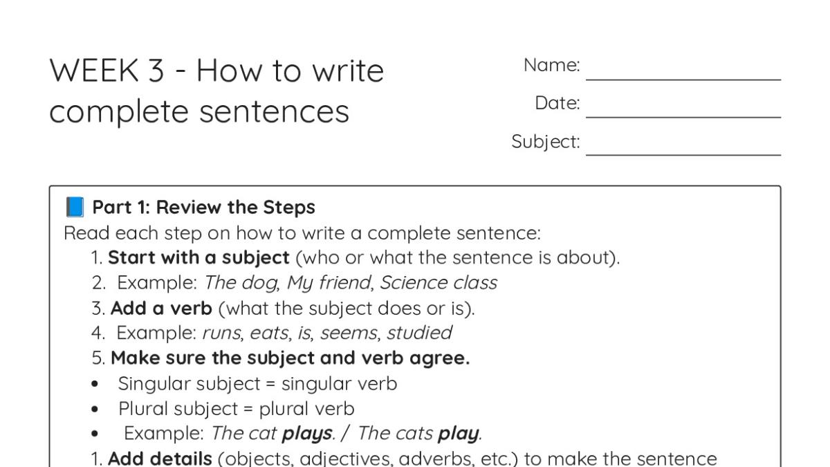 WEEK 3 - How to write complete sentences - My Worksheet Maker: Create ...