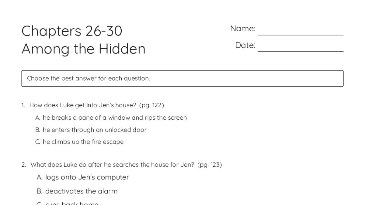 Chapters 26-30 Among the Hidden - My Worksheet Maker: Create Your Own ...