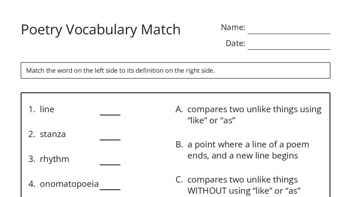 Poetry Vocabulary Match - My Worksheet Maker: Create Your Own Worksheets