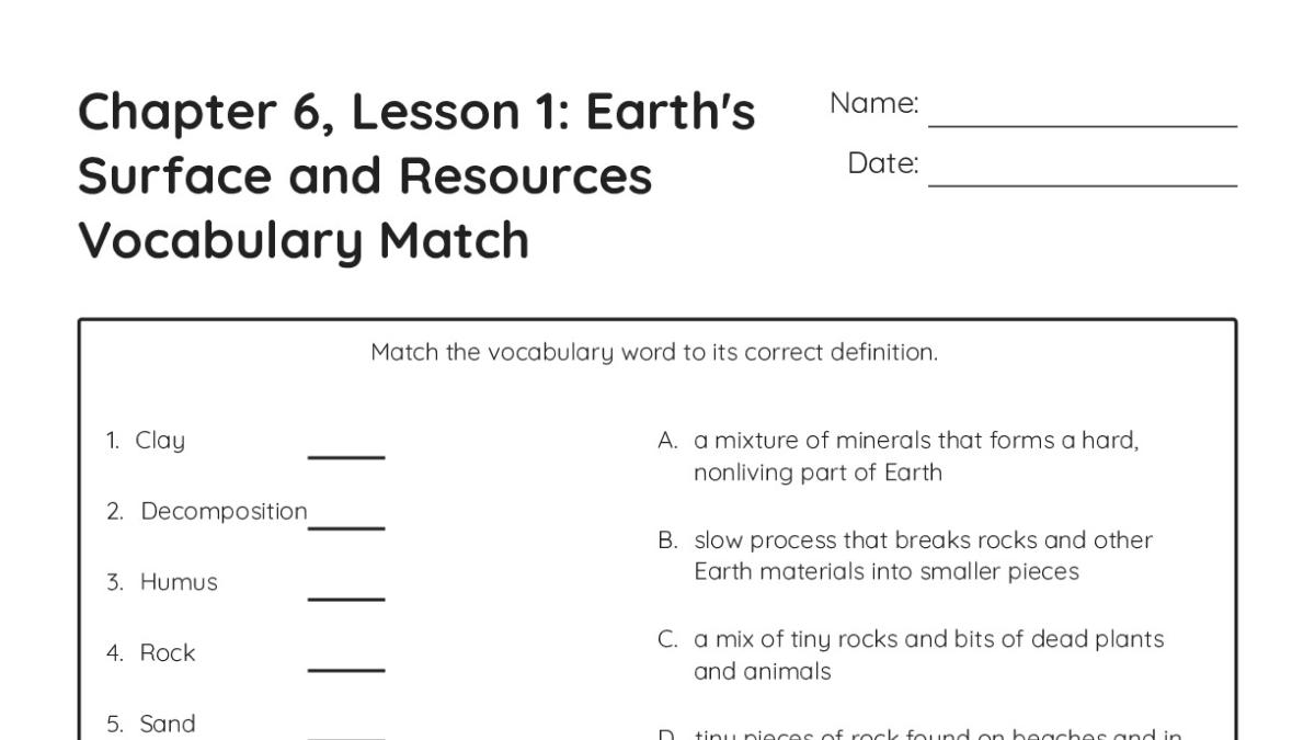 Chapter 6, Lesson 1: Earth's Surface and Resources Vocabulary Match ...