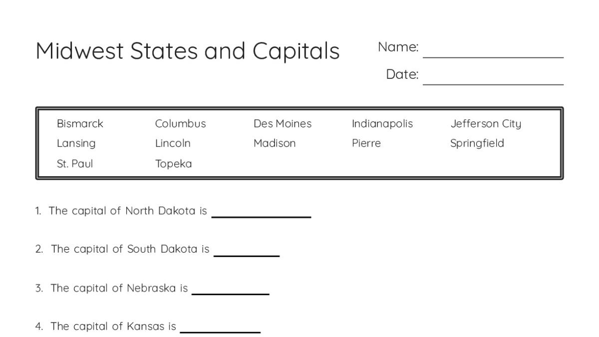 Midwest States and Capitals - My Worksheet Maker: Create Your Own ...