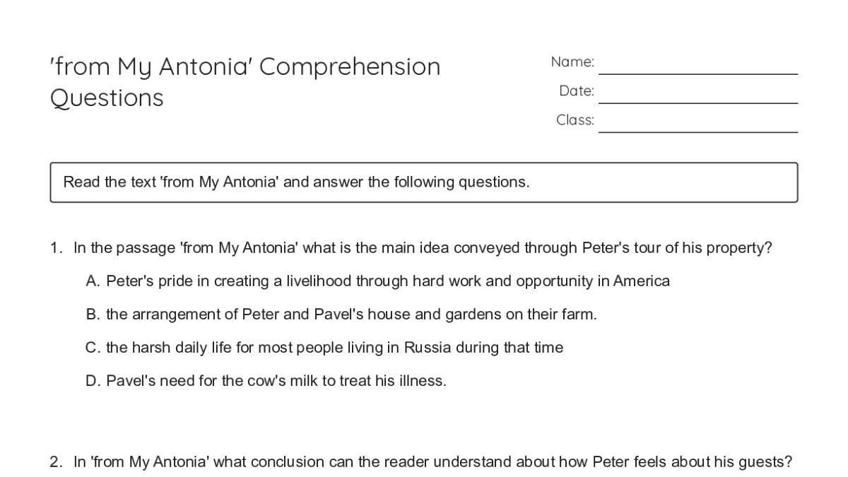 'from My Antonia' Comprehension Questions - My Worksheet Maker: Create ...