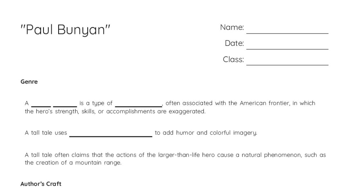 "Paul Bunyan" - My Worksheet Maker: Create Your Own Worksheets