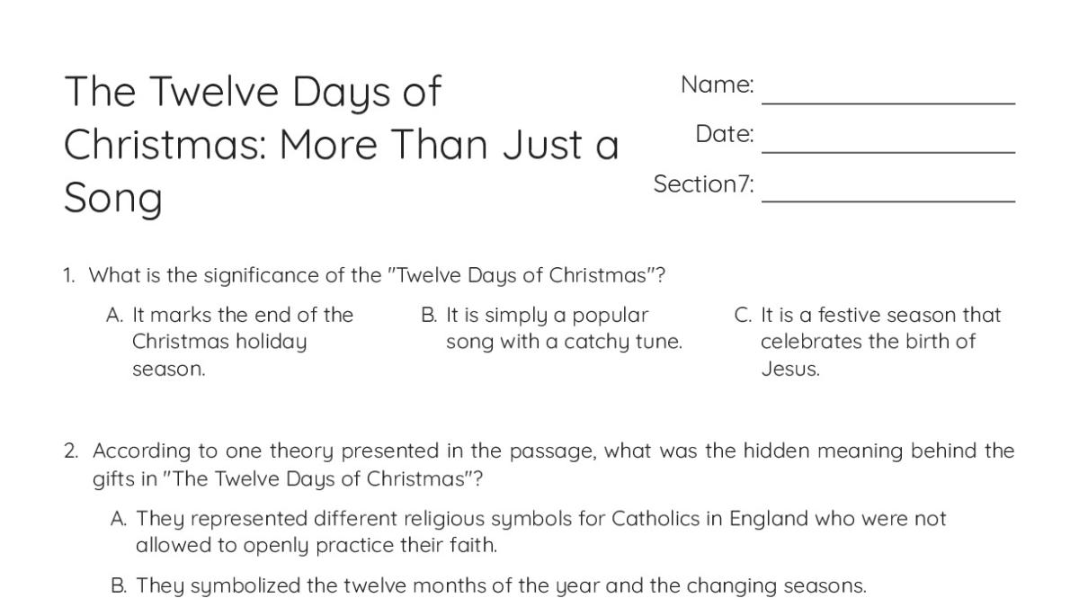 The Twelve Days of Christmas: More Than Just a Song - My Worksheet ...