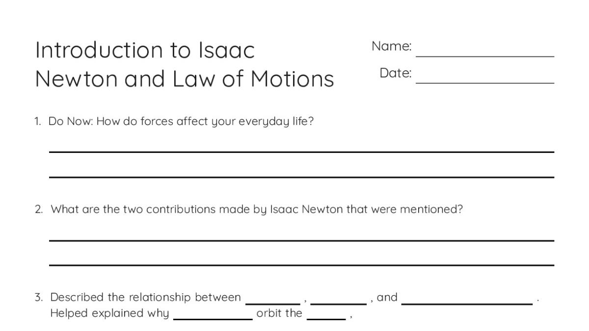 Introduction to Isaac Newton and Law of Motions - My Worksheet Maker ...