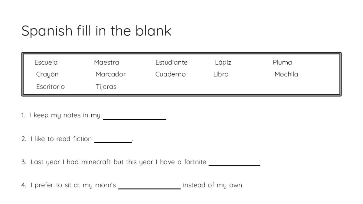 Spanish fill in the blank - My Worksheet Maker: Create Your Own Worksheets