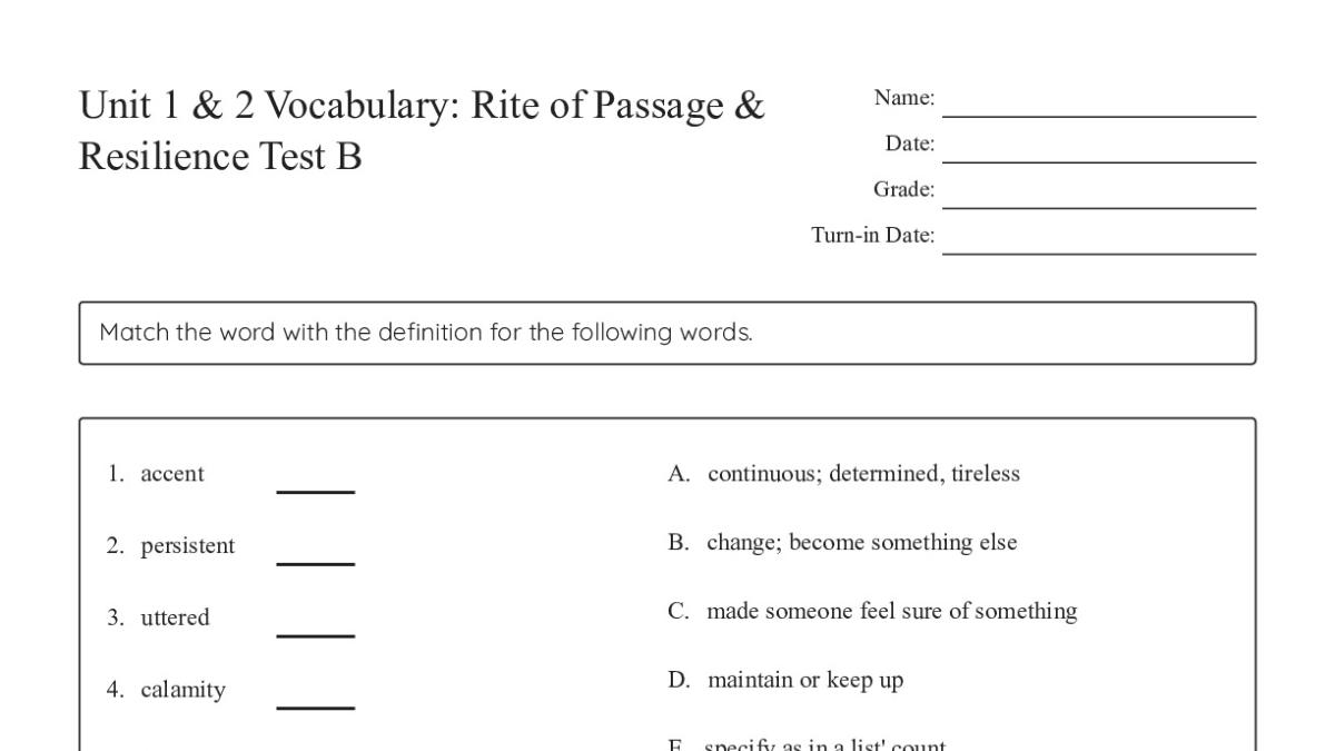 Unit 1 & 2 Vocabulary: Rite of Passage & Resilience Test B - My ...