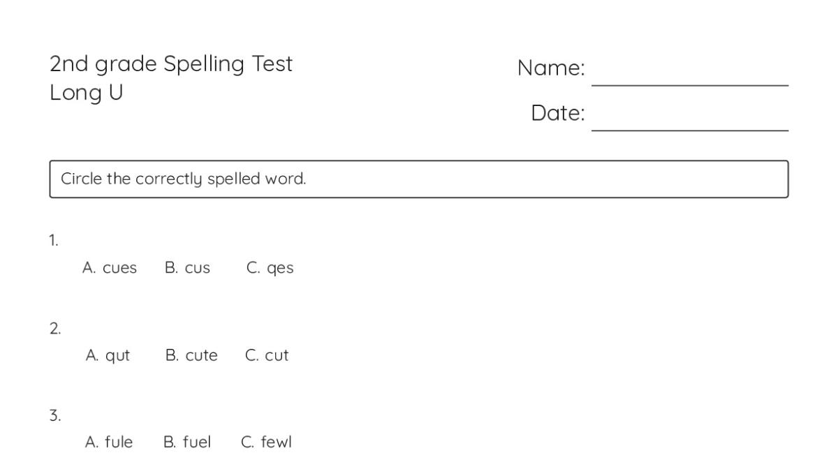 2nd grade Spelling Test Long U - My Worksheet Maker: Create Your Own ...
