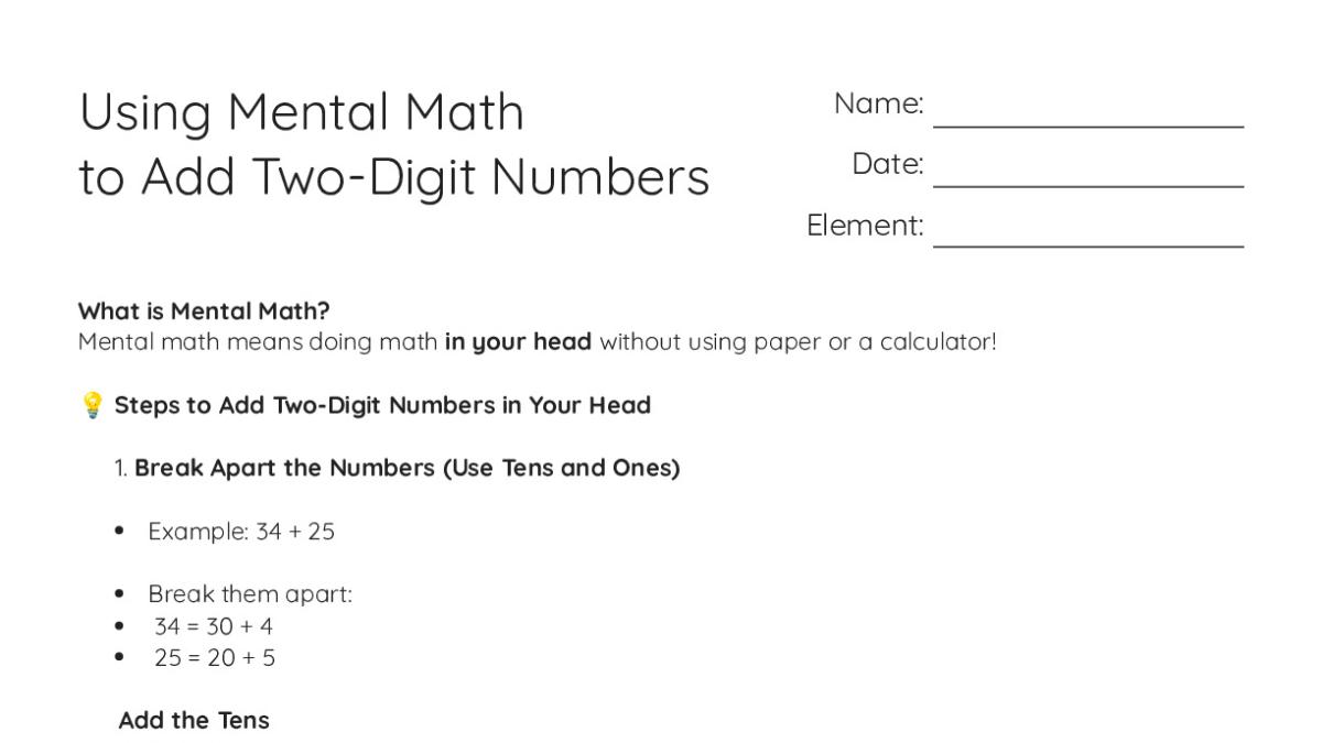 Using Mental Math to Add Two-Digit Numbers - My Worksheet Maker: Create ...
