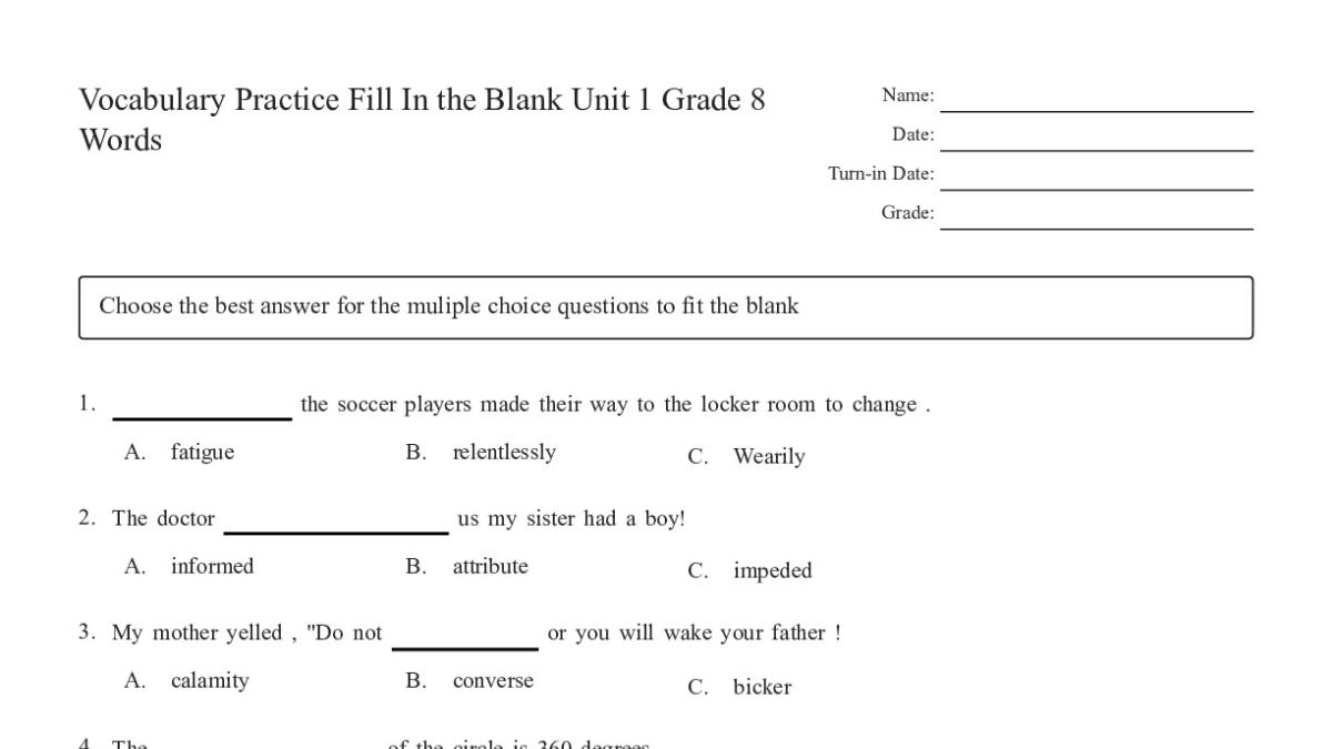 Vocabulary Practice Fill In the Blank Unit 1 Grade 8 Words - My ...
