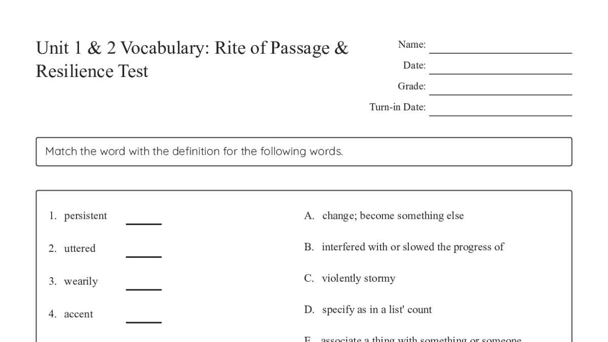 Unit 1 & 2 Vocabulary: Rite of Passage & Resilience Test - My Worksheet ...