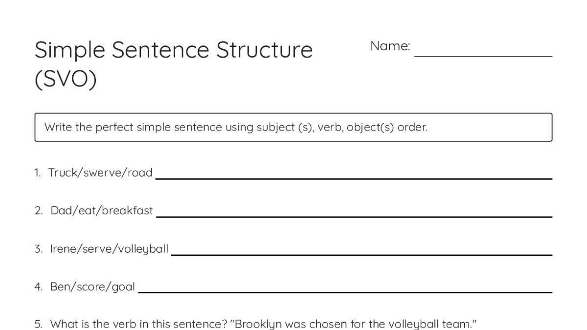 Simple Sentence Structure (SVO) - My Worksheet Maker: Create Your Own ...