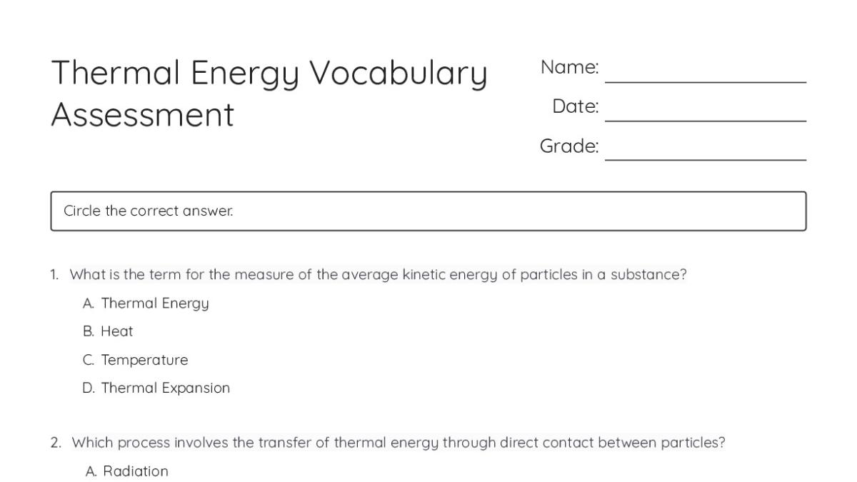 Thermal Energy Vocabulary Assessment - My Worksheet Maker: Create Your ...