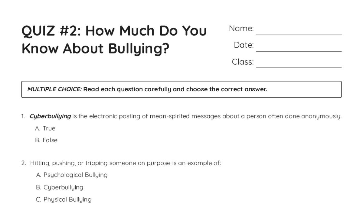QUIZ #2: How Much Do You Know About Bullying? - My Worksheet Maker ...