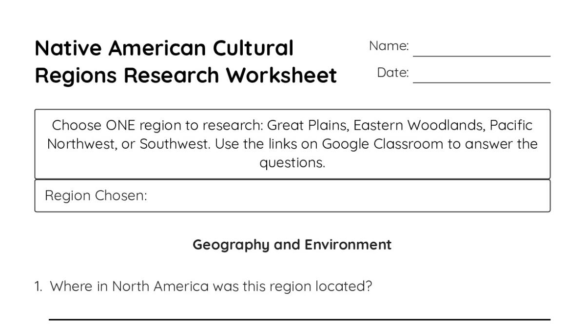 Native American Cultural Regions Research Worksheet - My Worksheet ...