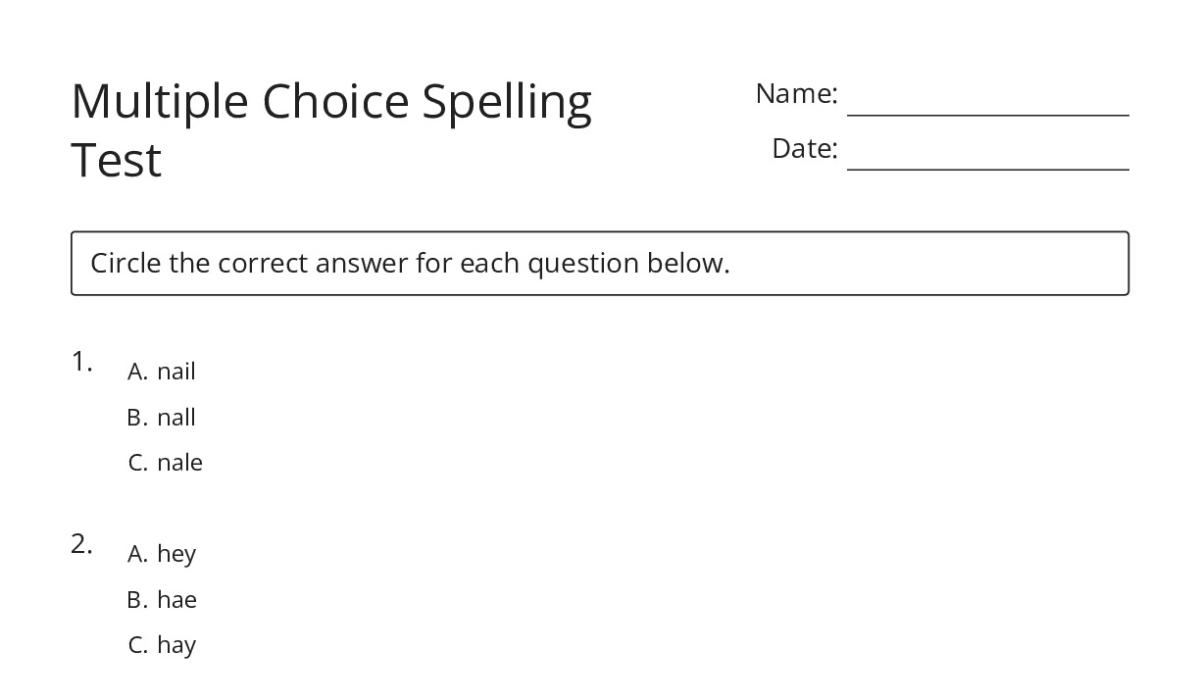 Multiple Choice Spelling Test - My Worksheet Maker: Create Your Own ...
