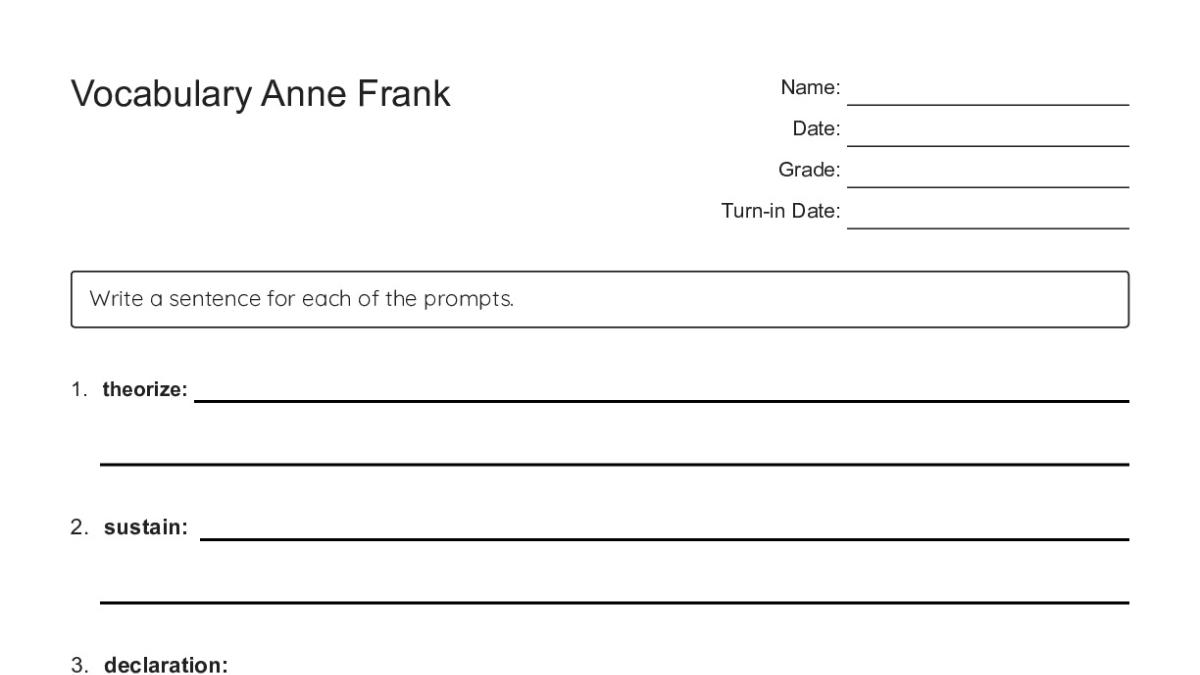 Vocabulary Anne Frank - My Worksheet Maker: Create Your Own Worksheets