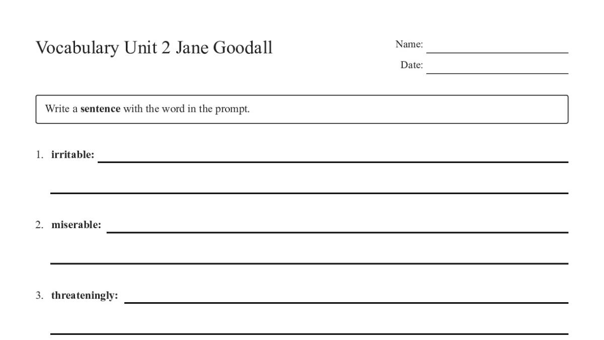 Vocabulary Unit 2 Jane Goodall - My Worksheet Maker: Create Your Own ...