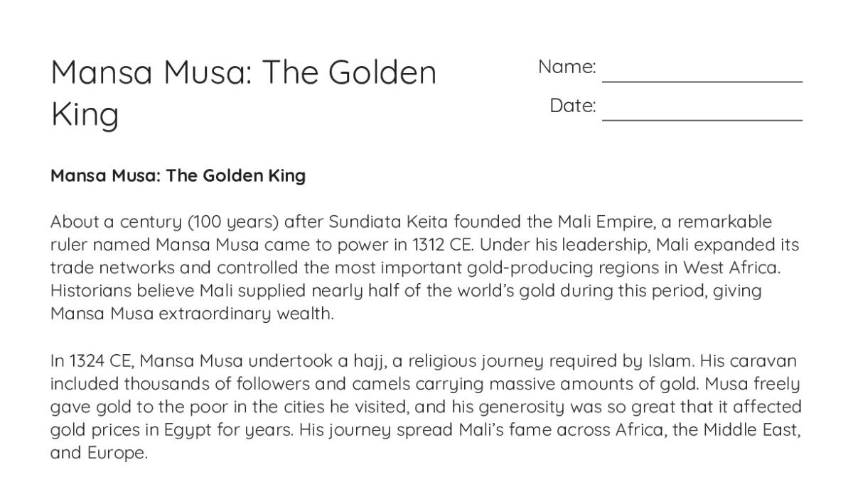 Mansa Musa: The Golden King - My Worksheet Maker: Create Your Own ...