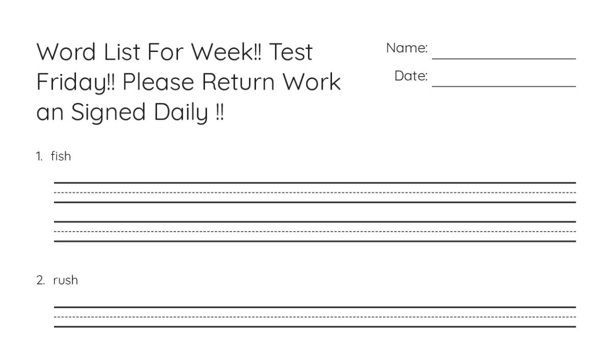 Word List For Week!! Test Friday!! Please Return Work an Signed Daily ...