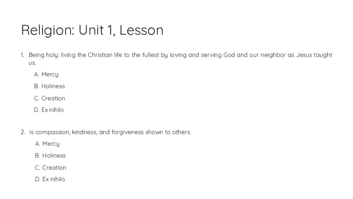 Religion: Unit 1, Lesson - My Worksheet Maker: Create Your Own Worksheets