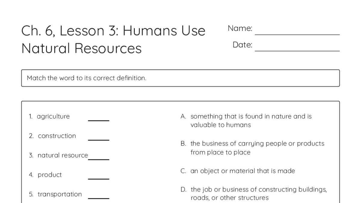 Ch. 6, Lesson 3: Humans Use Natural Resources - My Worksheet Maker ...