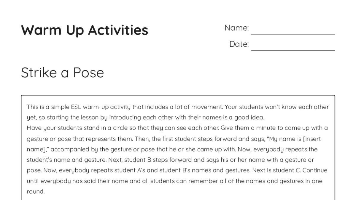 Warm Up Activities ﻿ - My Worksheet Maker: Create Your Own Worksheets